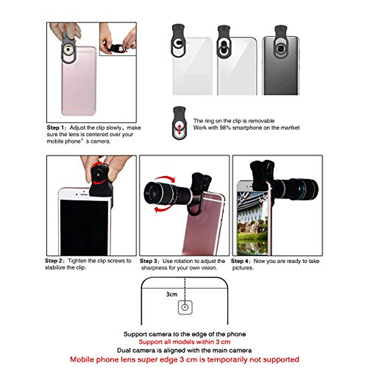 Cell Phone Camera Lens Kit,11 in 1 Universal 20x Telephoto Lens,0.63Wide Angle+15X Macro+198°Fisheye+2X Telephoto+Kaleidoscope+CPL/Starlight/Eyemask/Tripod,for Most iPhone Smartphone (Black)