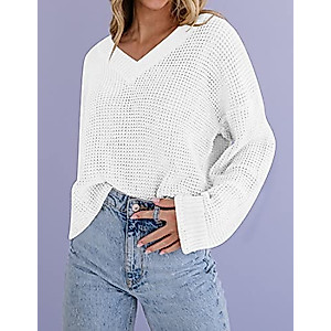 MIROL Women's Waffle Knit Cropped Top V Neck Long Sleeve Pullover Sweater Casual Solid Crop Sweatshirts White