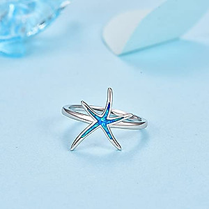 Cuoka Starfish Rings for Women, 925 Sterling Silver with Blue Opal Promise Hawaiian Beach Nautical Ocean Statement Fidget Ring Jewelry Birthday For Friend Wife