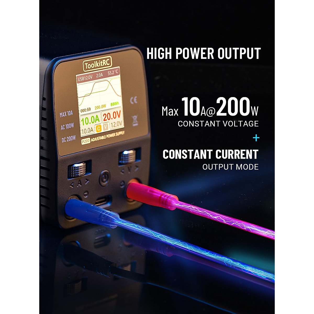 NEW ToolkitRC P200 V2 Mini 30V Supply AC100W DC200W 10A GaN Adjustable Mini Desktop Power Supply USB Output 4.0mm banana female port with TypeC 65W Output fast charging