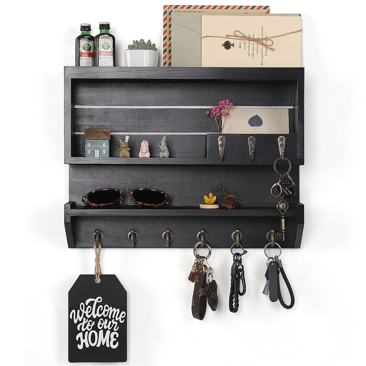 Innovation Key and Mail Holder for Wall, Key Mail Holder for Wall, Key and Mail Rack for Rustic Home Decor, Mail Holder with Key Hooks, Luxury Black Plus