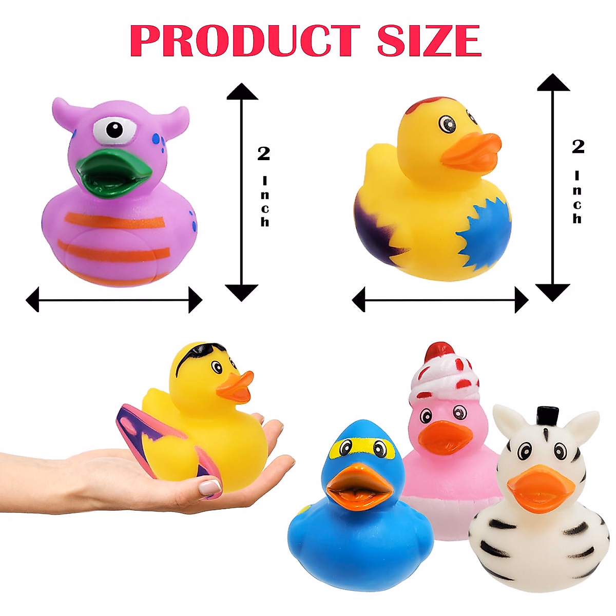 Chochkees Assorted Rubber Ducks Toy Duckies for Kids and Toddlers, Bath Birthday Baby Showers Classroom, Summer Beach and Pool Activity, 2" Inches (50-Pack)