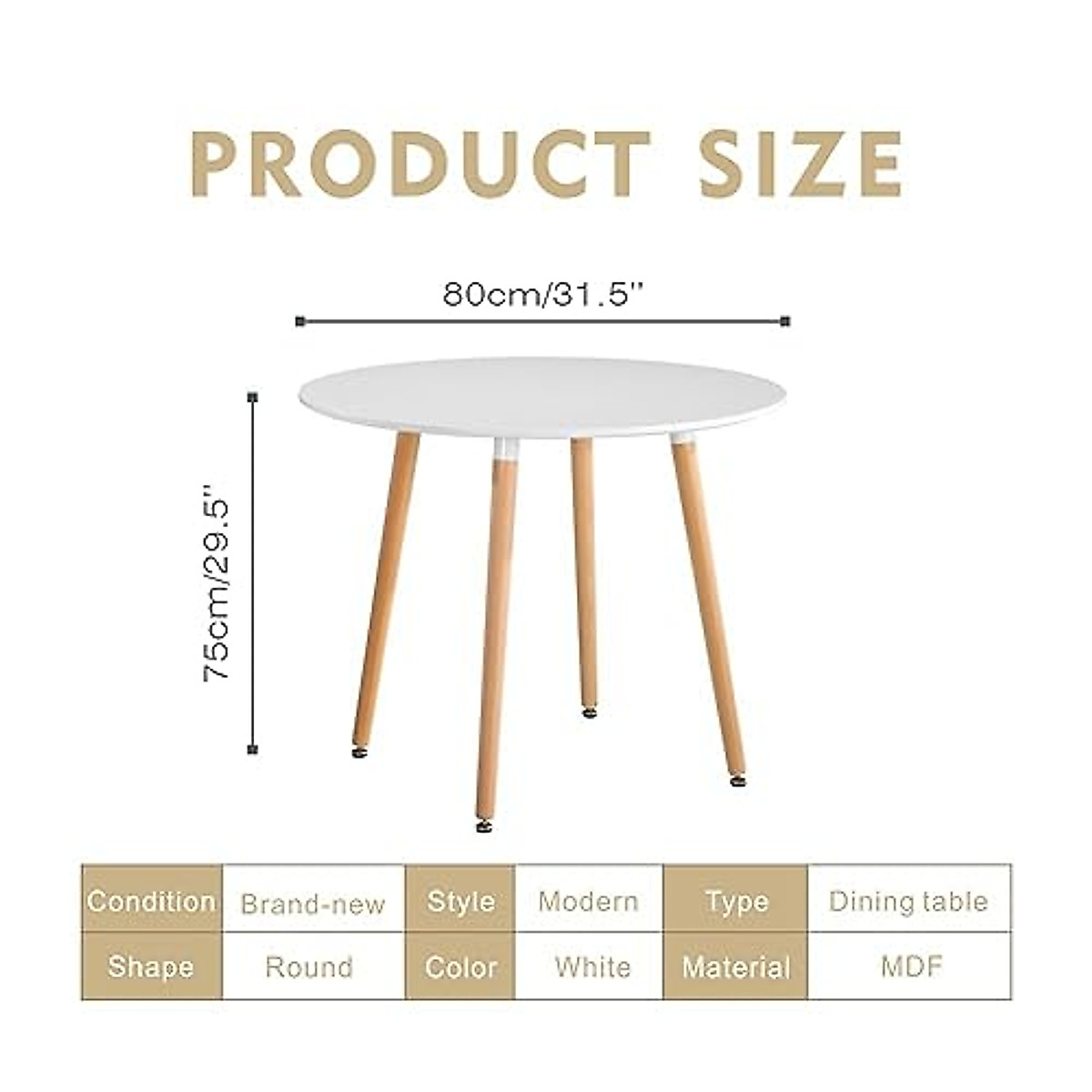 NIERN Round Dining Table with Beech Wood Legs, Modern Wooden Kitchen Table for Dining Room Kitchen (White)