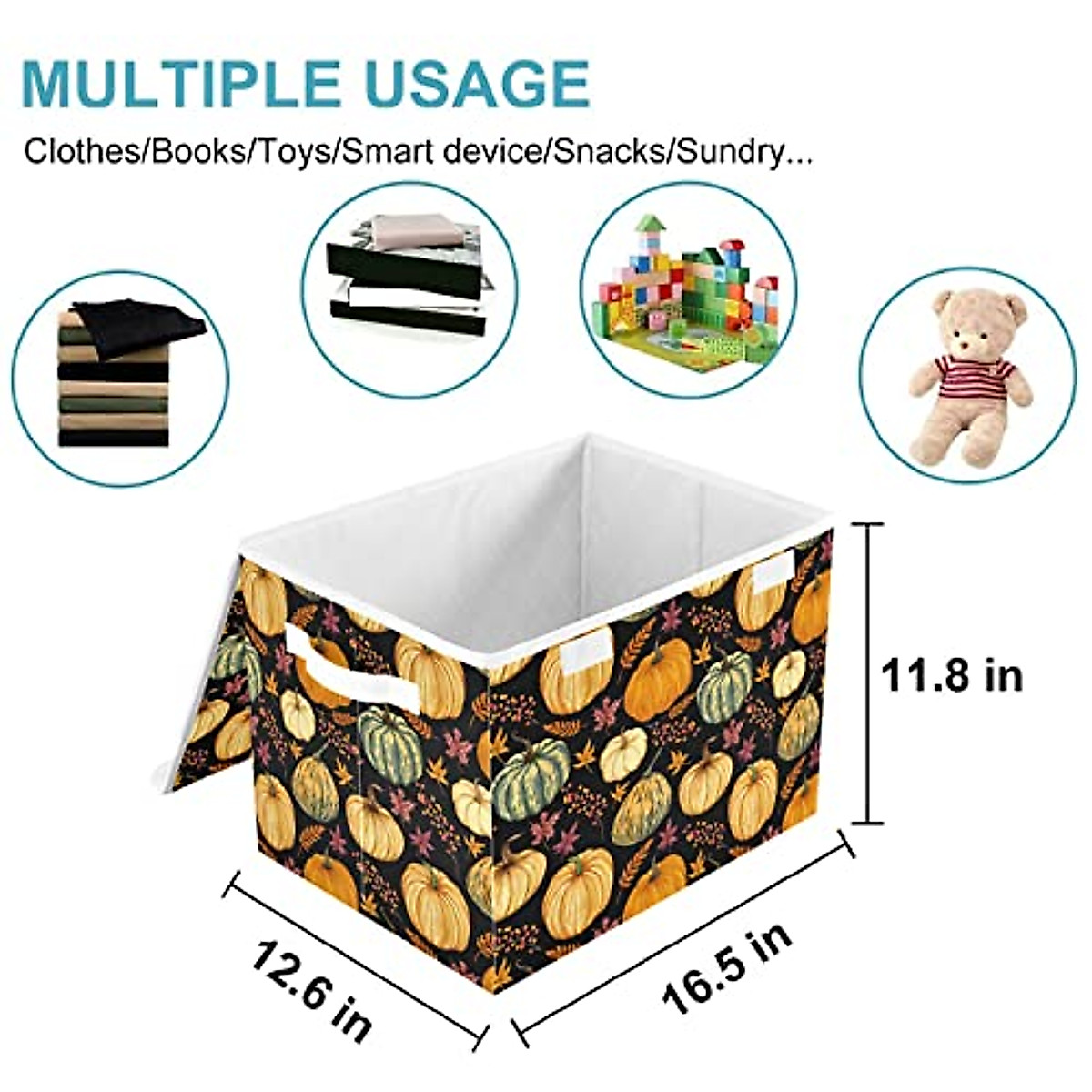 CaTaKu Pumpkins Fall Leaves Storage Bins with Lids and Handles, Fabric Large Storage Container Cube Basket with Lid Decorative Storage Boxes for Organizing Clothes