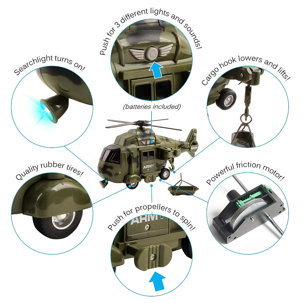 Vokodo Military Helicopter 11" With Lights Sounds Push And Go Includes Rescue Basket Durable Toy Friction Power Kids Army Soldier Chopper Pretend Play Truck Great Gift For Children Boys Girls Toddlers