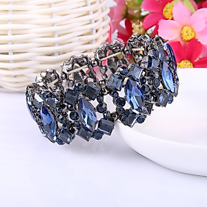 EVER FAITH Navy Blue Rhinestone Crystal Art Deco Wedding Banquet Elastic Stretch Bracelet Black-Tone