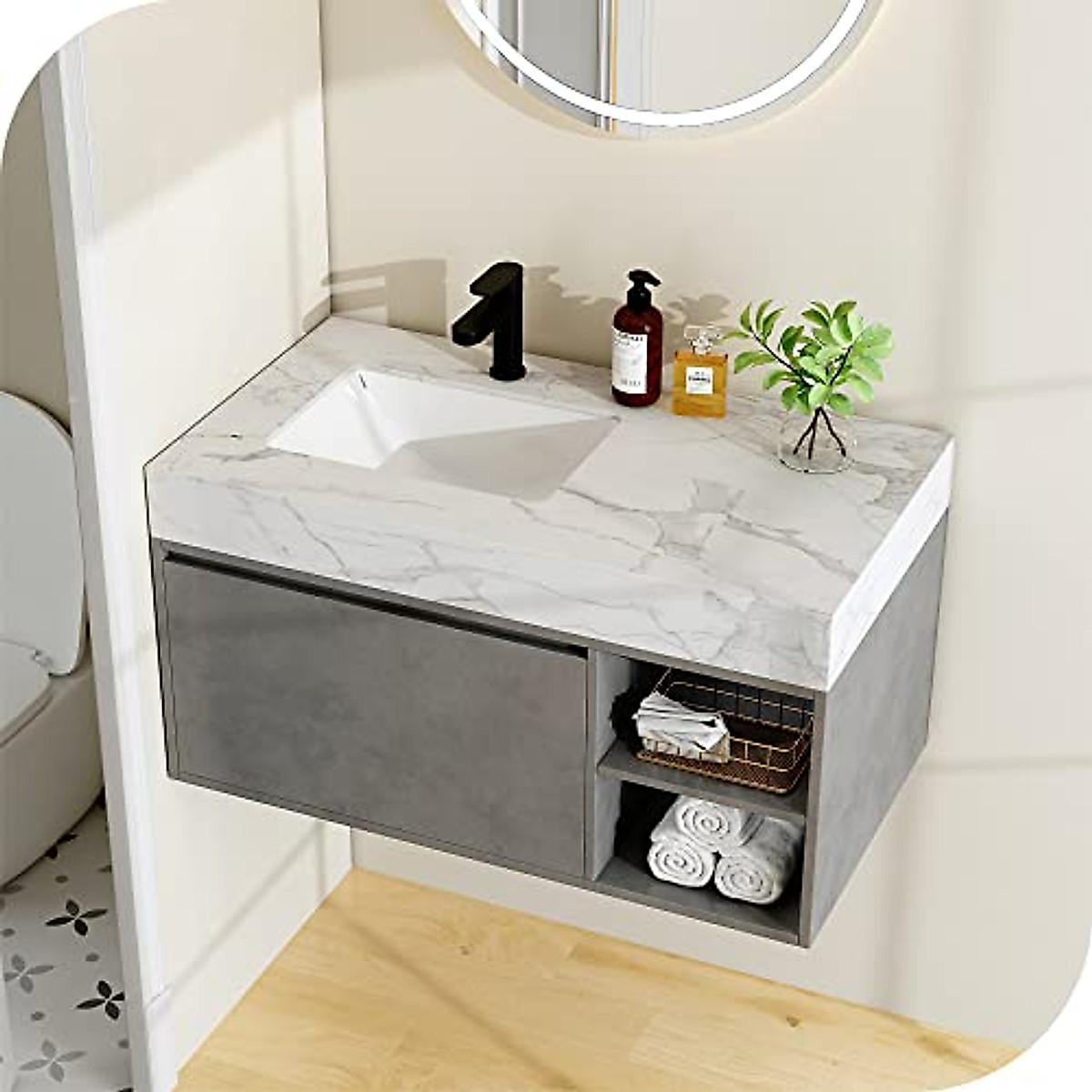 HERNEST 36 Inch Floating Bathroom Vanity Wall Mounted Bathroom Cabinet with Slate Tabletop, Ceramic Basin Sink and Storage Drawer Grey Small Floating Vanity Bathroom for Washroom