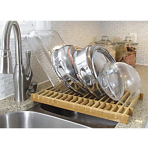 KitchenEdge Over The Sink Dish Drying Rack, Plate Pot Drainer for Kitchen Countertop, 100% Natural Bamboo