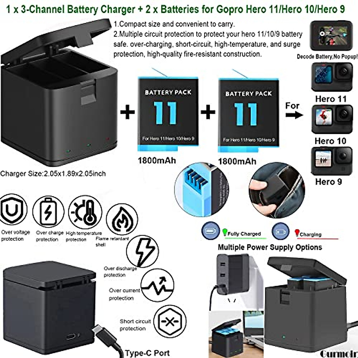 Gurmoir Accessories Kit with Battery and Charger for Gopro Hero 11 10 9 Black. Waterproof Housing Case+Selfie Stick+Tripod+2 Battery+3-Channel Charger Station Compatible with Go Pro 11 10 9(PT09)