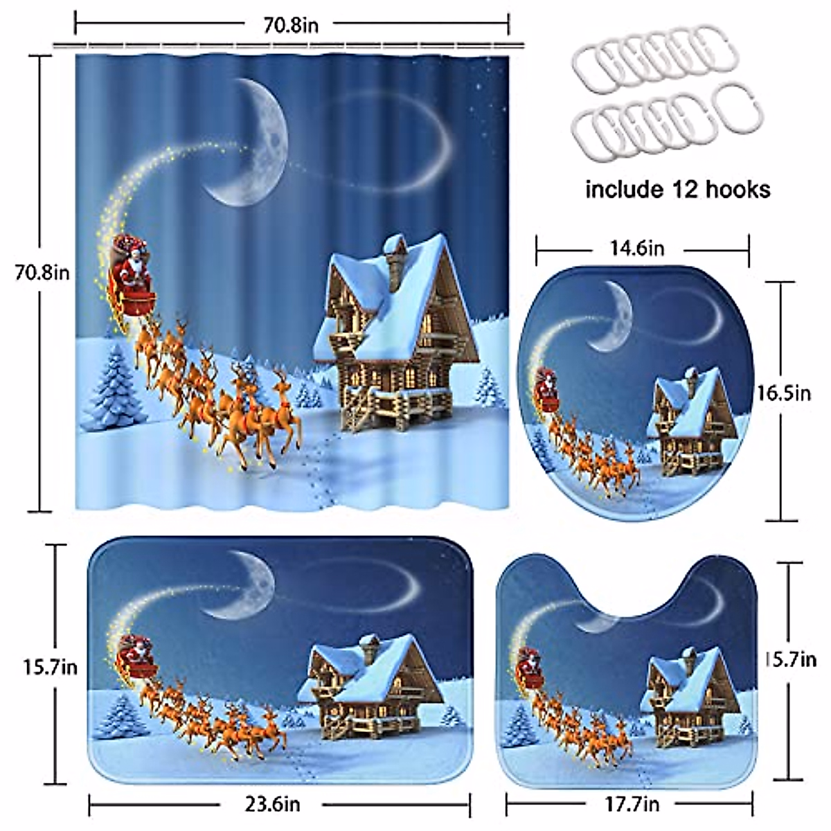 ArtSocket 4 Pcs Shower Curtain Set Christmas Night Scene Santa Claus with Non-Slip Rugs Toilet Lid Cover and Bath Mat Bathroom Decor Set 72" x 72"