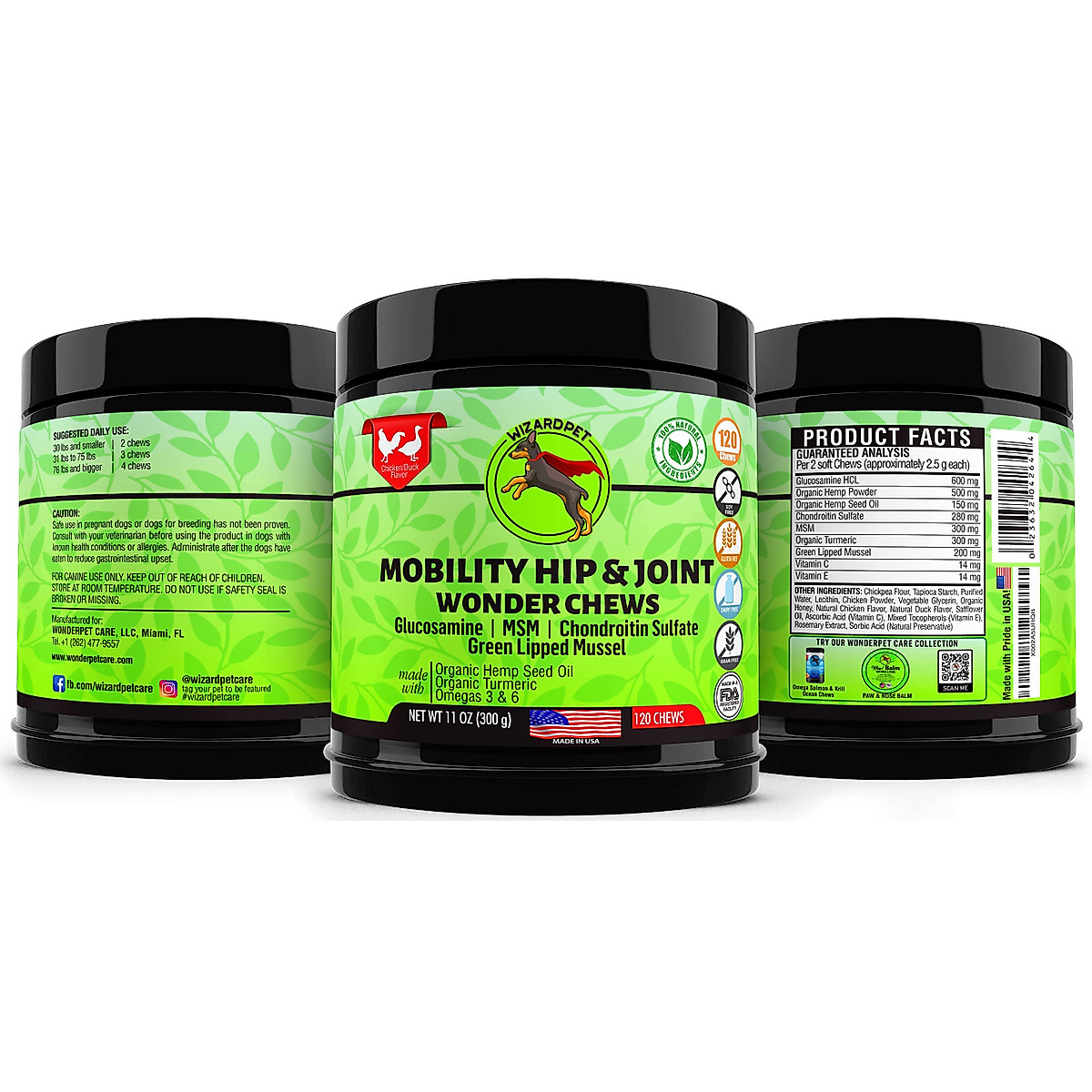 WIZARDPET Advanced Hemp Hip and Joint Supplement for Dogs - Hemp Oil Glucosamine Chondroitin for Dog - Omegas - Turmeric - MSM - Green Lipped Mussel, Made in USA Treats Support Mobility - 120 Chews