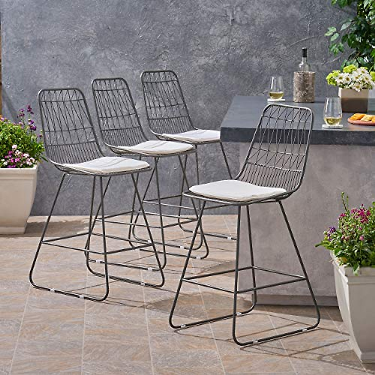 Great Deal Furniture Ella Outdoor Counter Stools, 26" Seats, Modern, Geometric, Gray Iron Frames with Ivory Cushion (Set of 4)