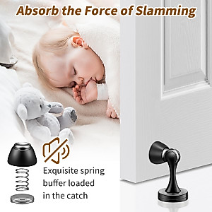 KOLAKO Door Stopper, Magnetic Door Stops, Brushed Satin Nickel, 2 Pack Wall Floor Mounted Black Magnetic Door Catch Door Holder, Stainless Steel Metal Soft-Catch Doorstop Door Stopper