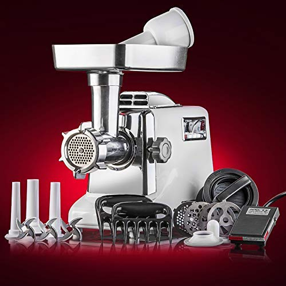 STX Megaforce 3000 Powerful Air Cooled 6-In-1 Heavy Duty Electric Meat Grinder with Foot Pedal • Sausage Stuffer • Kubbe Maker • Burger/Slider Maker • 2 Meat Claws • 3 S/S Blades • 4 Grinding Plates