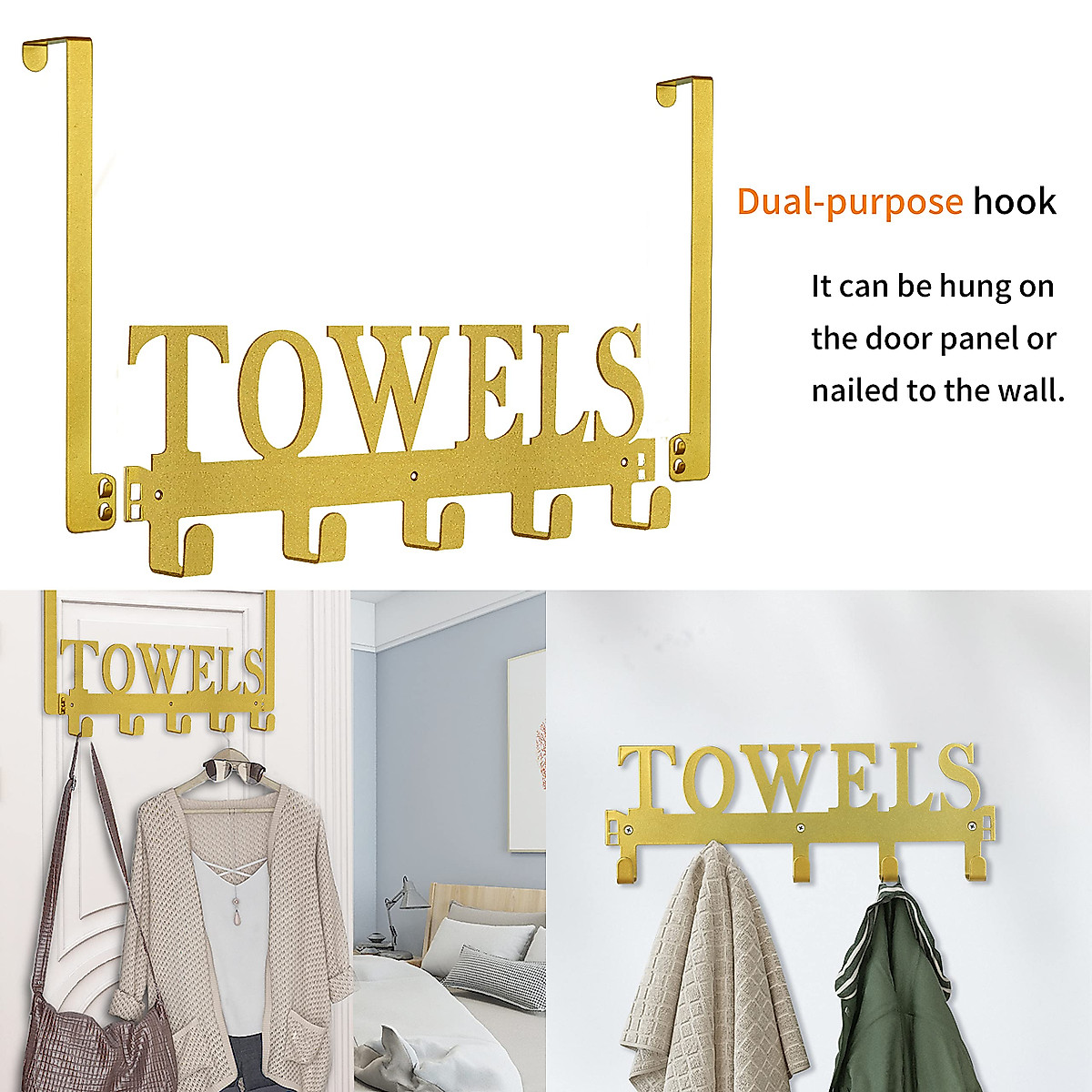 Over The Door Hooks, Towel Holder for Bathroom, Door Mount Towel Rack Towel Hooks for Bedroom Kitchen Pool Beach Towels Bathrobe Wall Mount Hang On The Door Cabinet Cupboard Metal Sandblasted (Gold)