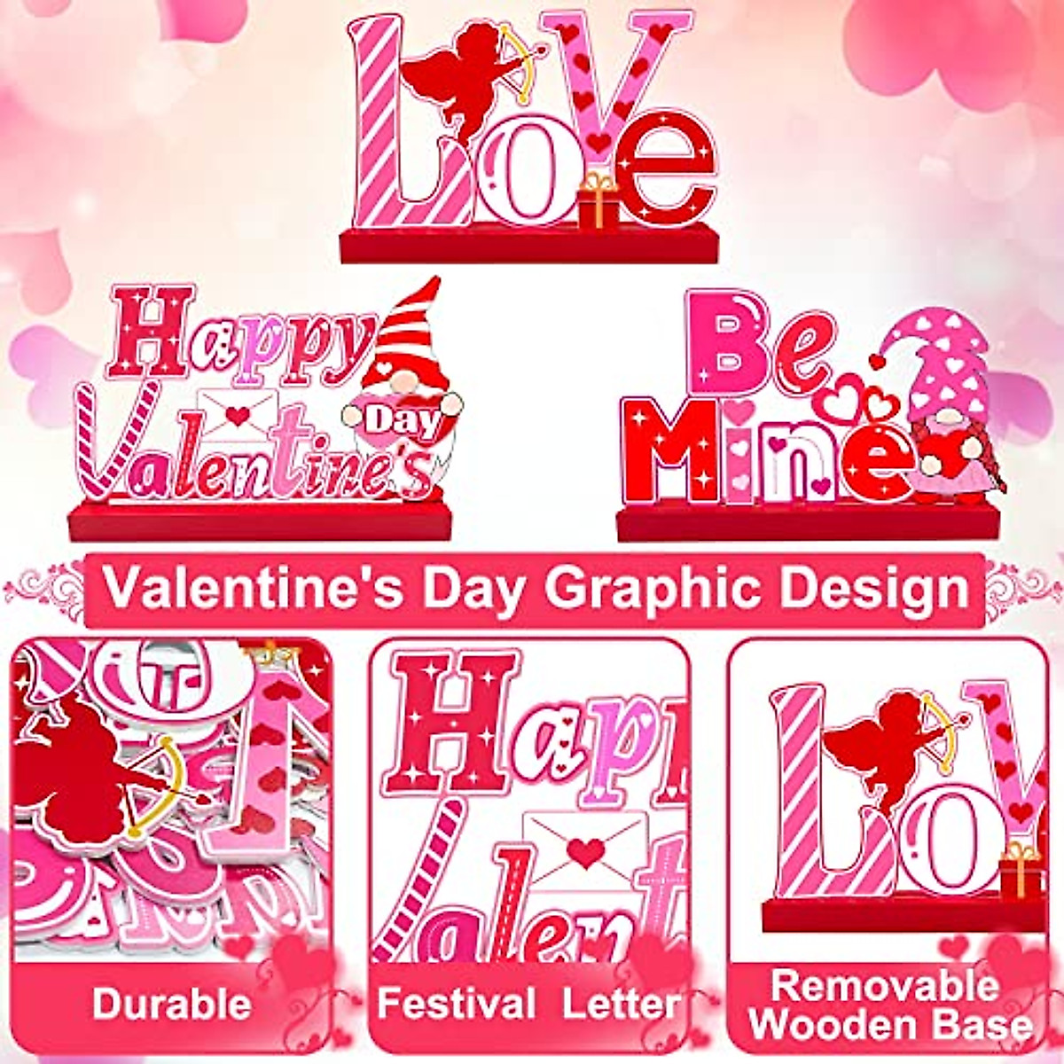 TURNMEON 3 Pcs Valentine's Day Table Sign Valentines Decor Love Be Mine Cupid Happy Valentines Table Centerpiece Romantic Wooden Valentines Decorations for Home Office Indoor Wedding Dinner Party