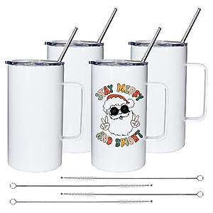 AGH 4 Pack 20 oz Sublimation Tumblers with Handle, Double Wall Stainless Steel Vacuum Insulation Cup with Metal Straw and Splash-Proof Sliding Lid, Travel Coffee Mugs for Hot & Cold Drinks