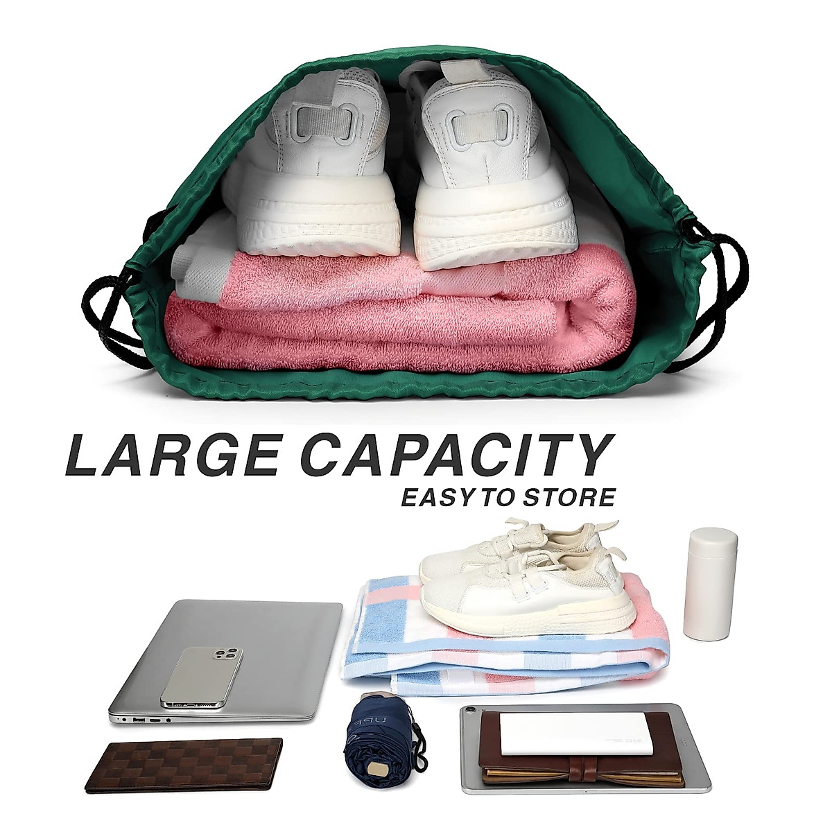 AirBuyW Drawstring Backpack, 210D Nylon Foldable Sports Gym Drawstring Tote Bag pack Sack W Zipper Side Pocket For Men Women Hunter Green