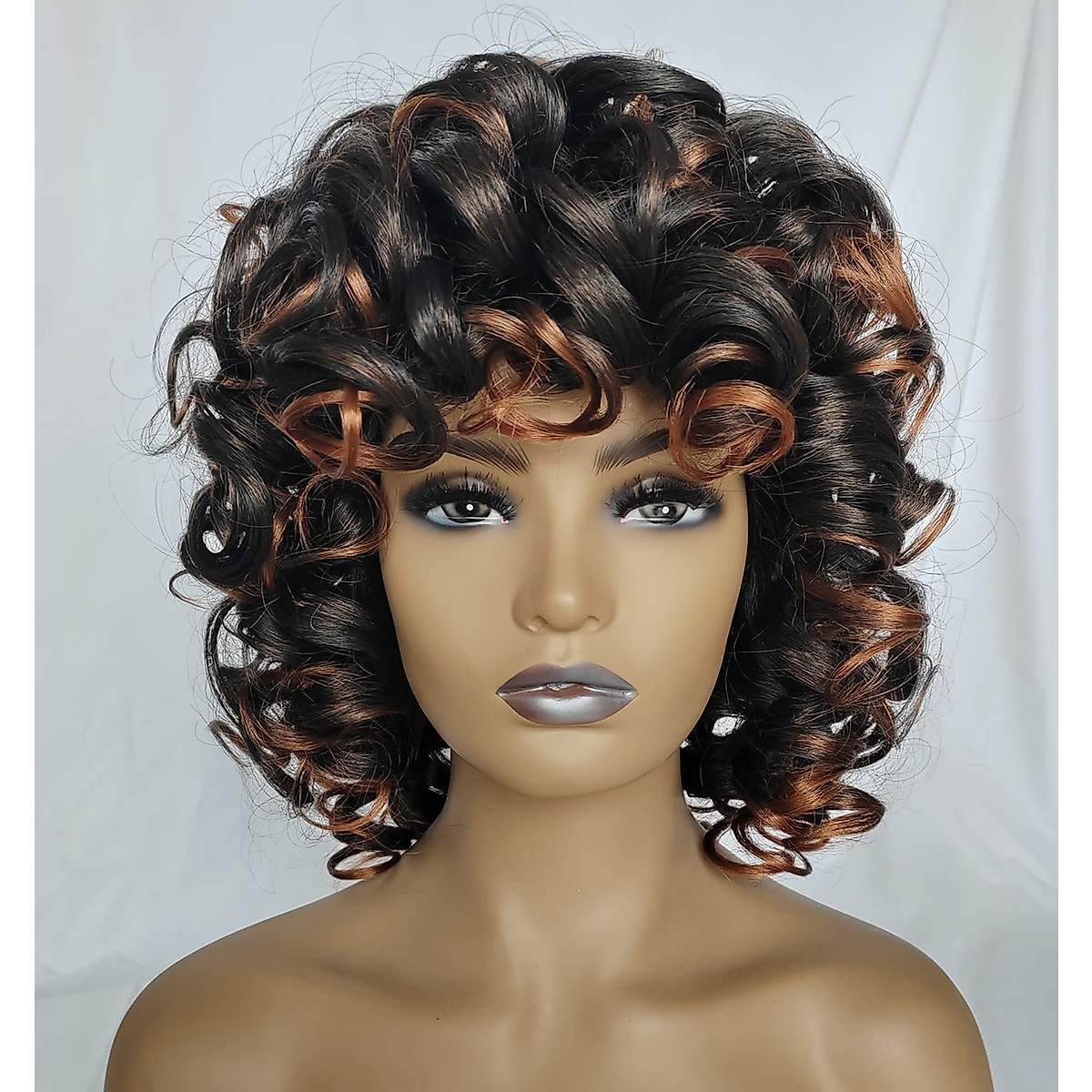 KEAT Curly Wigs for Black Women Short Big Curly Kinky Wigs for Women Afro Wavy Black Mixed Brown Wig with Bangs Cute Natural Synthetic Wigs for African American Women K002