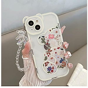 CHEAP SUNDAY for iPhone 13 Floral Bear Clearcase with Flower Design Aesthetic Phone Case for iPhone 13 Womens Girly Glitter Cute Shockproof Protective Cover with Phone Holder (Bear Design)