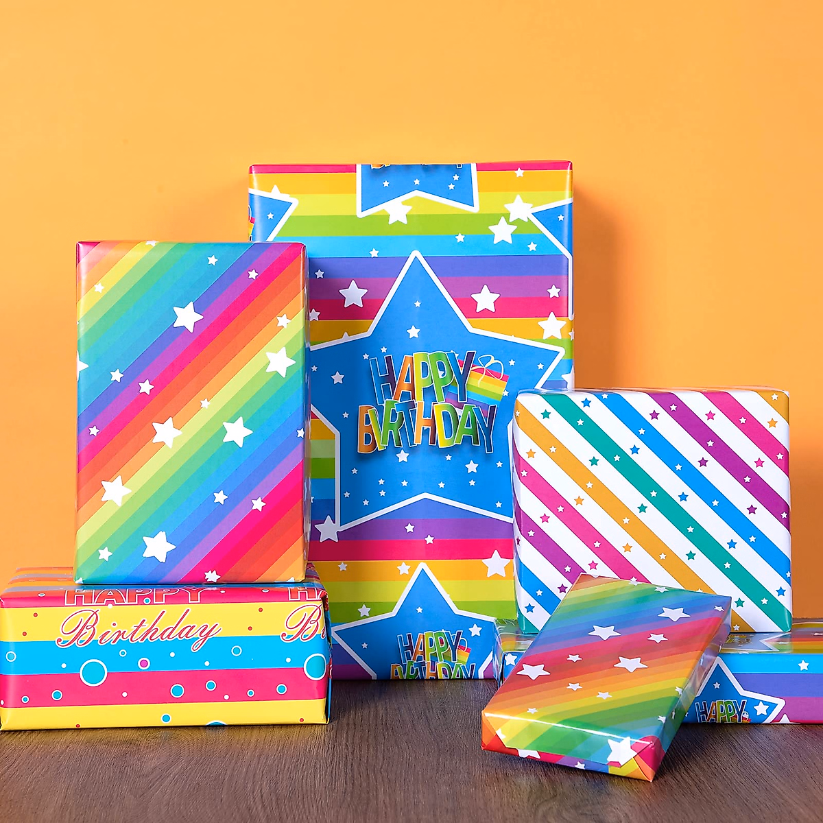 PlandRichW Rainbow Wrapping Paper Folded for Kids Boys Girls Birthday with Rainbow Star Stripe Line Happy Birthday 4 Designs for Baby Shower, Party, Precut 12 Sheets Each 20"x29"