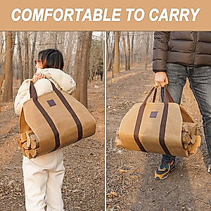 WILLOW WEAVE Firewood Carrier Bag, Khaki Color, Water-Resistant, 40" L x 19" W, with Padded Handle, Cross-Stitched Straps, Foldable Design