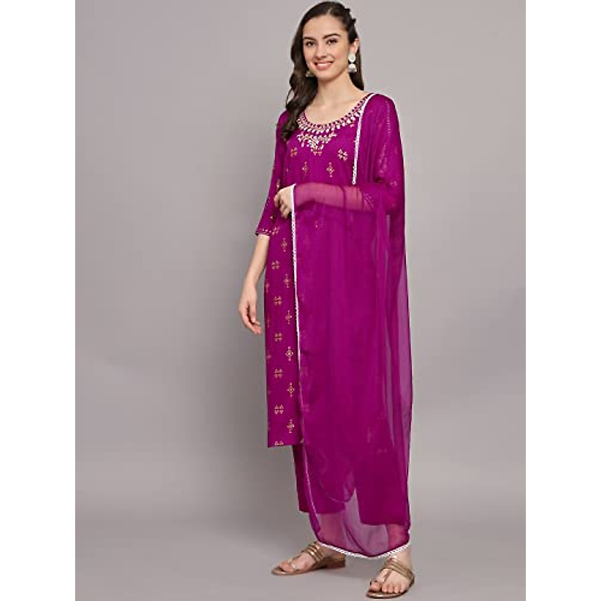 Chandrakala Women's Rayon kurti 3/4th Sleeve Straight Kurti Pant Set,Small,Purple (K228PUR1)