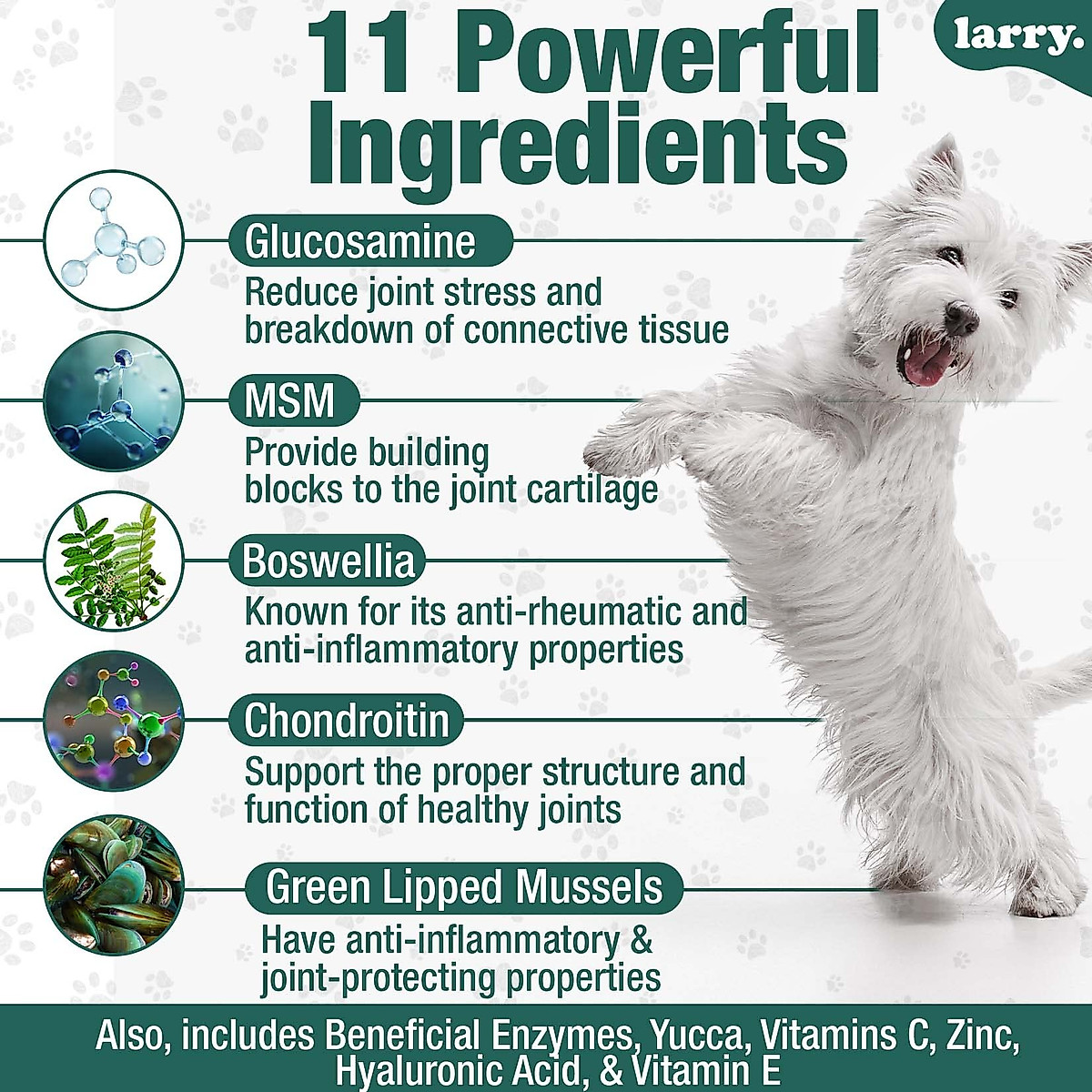 Dog Hip and Joint Supplement by Larry | Chondroitin, MSM, Hyaluronic Acid, & Glucosamine for Dogs | Dog Hip & Joint Care for All Breeds & Sizes | Dog Treats for Hip and Joint Health, (120 Soft Chews)
