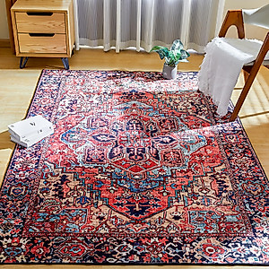 Hecceon Boho Living Room Rugs - Washable Bedroom area rug 5x7, Persian Vintage Fluffy Rug for Nursery Kids Room Non-Slip Non-Shedding Low-Pile Shaggy Carpet Indoor Floor, Brick Red