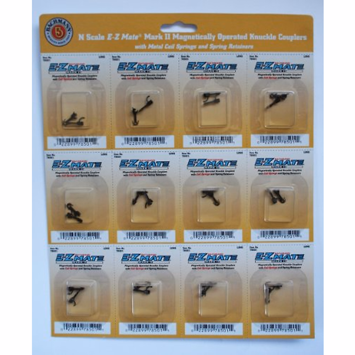 Bachmann Trains E - Z Mate Mark II Magnetic Knuckle Couplers with Metal Coil Spring - Long (12 Coupler pairs per card) - N Scale