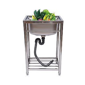 Free Standing Stainless-Steel Single Bowl Commercial Restaurant Kitchen Sink Set w/Drainboard, Prep & Utility Washing Hand Basin w/Storage Shelves Indoor Outdoor