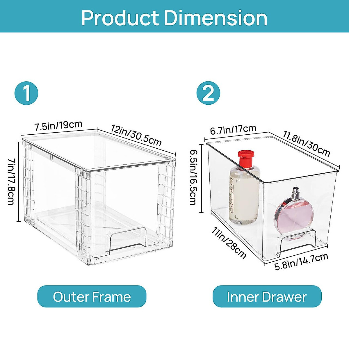 2 Pack Stackable Storage Drawers,Stackable Makeup Organizer, Acrylic Bathroom Organizer and Storage Drawers,Bathroom,Kitchen Undersink,Cabinet