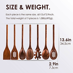 Black Walnut Kitchen Utensils Set - 7 Pcs Dark Wooden Cooking Utensils, 13.6” Long Handle Natural Walnut Wood Flat Spatula, Slotted Turner, Soup Ladle, Skimmer, Pasta Server, Corner Spoons for Cooking