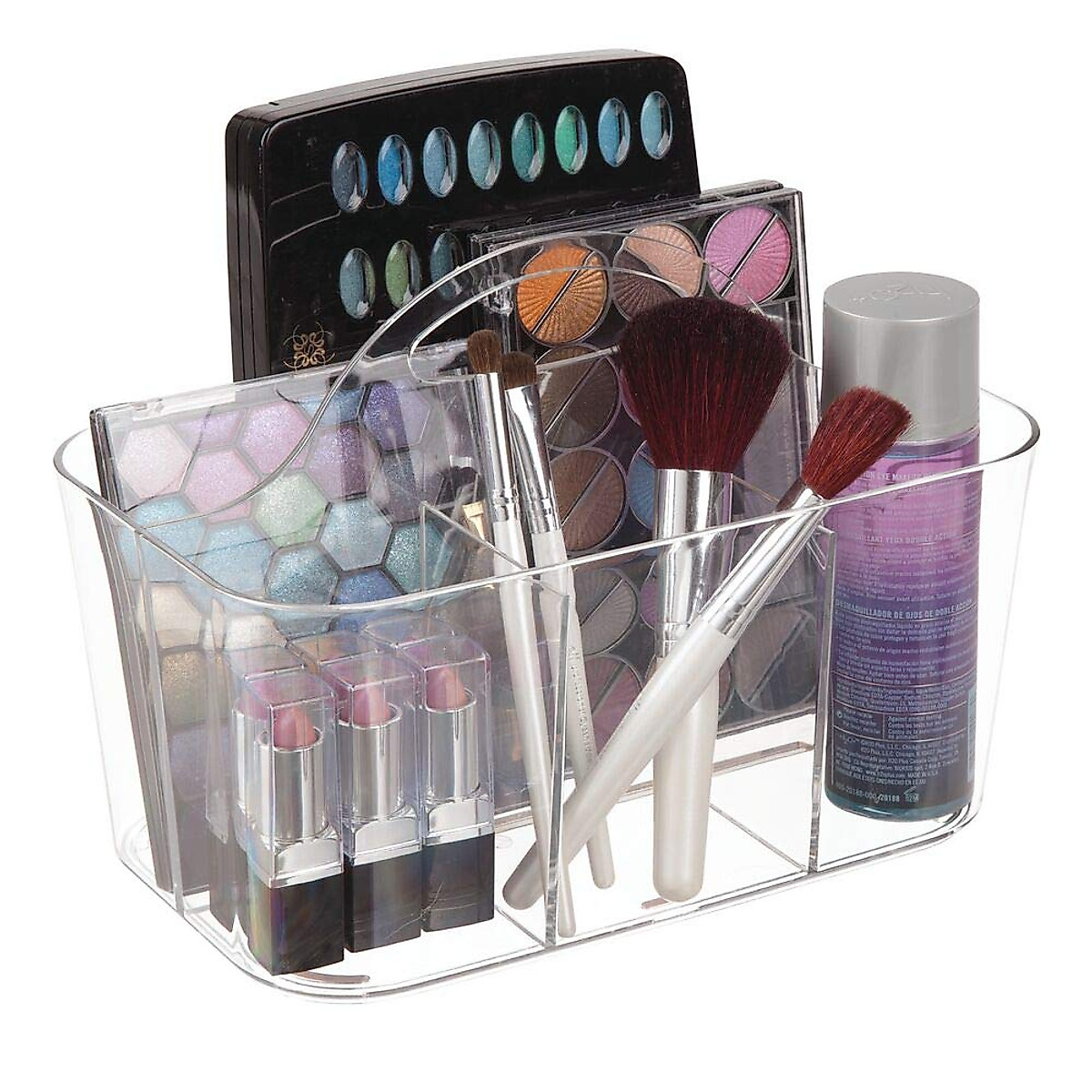 mDesign Plastic Makeup Storage Organizer Caddy Tote, Divided Basket Bin, Handle for Bathroom, Holds Eyeshadow Palettes, Nail Polish, Brushes, Shower Essentials, Small, Lumiere Collection - Clear
