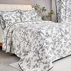 EVENHUG Quilted Pillow Shams Set of 2 Black Bird Pillow Covers Floral Pillowcases Matching Bedding Decoration (20" X 36")