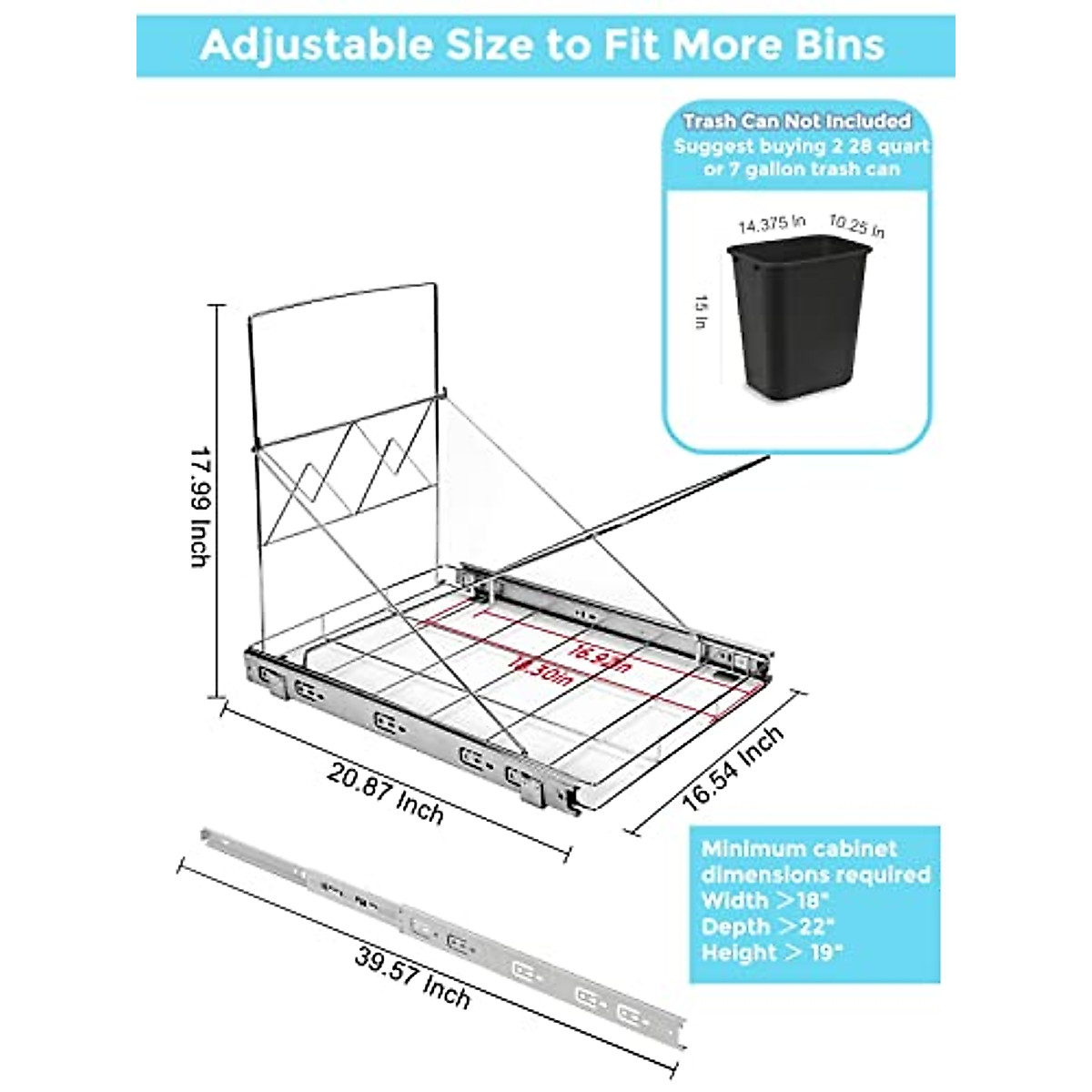 Double 35-Quart Pull-Out Trash Can Under Cabinet, Sliding Cabinet Trash Can Pull Out Kit for 18-Inch Wide Cabinets, Slide-Out Dual Trash Can Rack for Kitchen Cabinets, Garbage Can Not Included