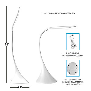 Amtone LED Swan Light Desk and Table Lamp, Flexible Gooseneck, USB and Battery Operated, 3 Way Touch Dimmer, 120 Lumens, White - Ideal for Reading, Writing, Studying and Crafts
