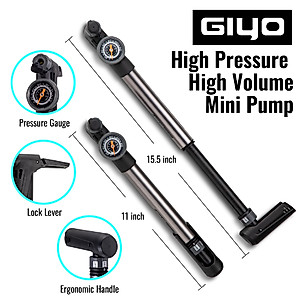 GIYO Mini Bike Pump with Gauge 2 Stage HP/HV 120 PSI Schrader & Presta Bike Tire Pump | Easy Inflation for Road & MTB | Frame Mount Included | Taiwan Made (GP-993)