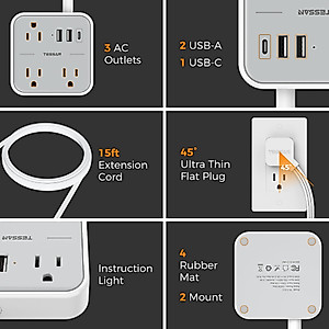 15 FT Extension Cord, TESSAN Slim Power Strip with Flat Wall Plug, Ultra Thin Flat Plug with 3 Outlets and 3 USB (1 USB C) Ports, Flat Long Cord for Cruise Ship Home Travel and Dorm Room Essentials
