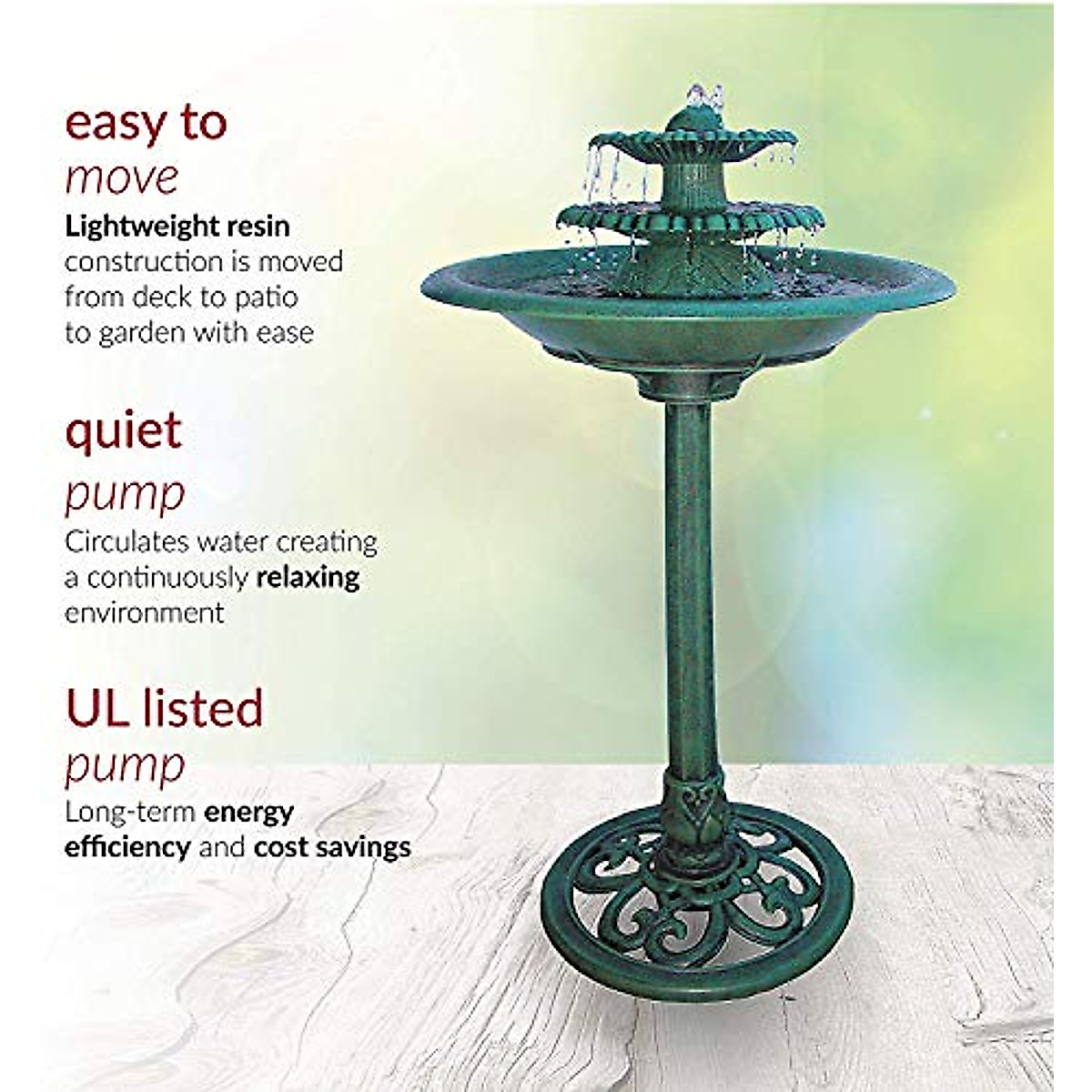 Alpine Corporation 35" Tall Outdoor 3-Tiered Pedestal Water Fountain and Birdbath, Green