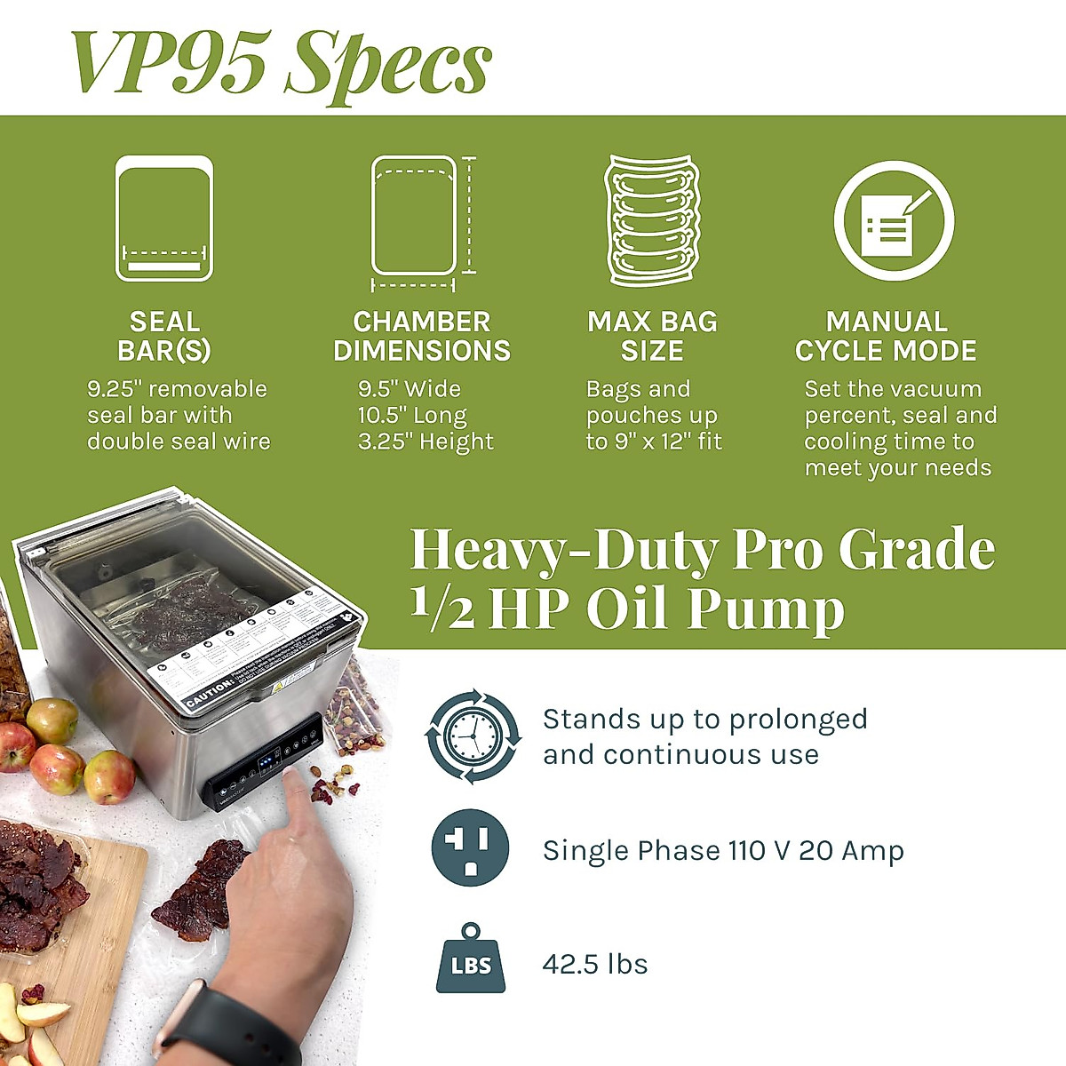 VacMaster VP95 Chamber Vacuum Sealer with Industrial Oil Pump. Great for Portioning, Meal Prep, Restaurants, Catering, Food Trucks, Sous Vide, Home. Great for Dry Goods, Liquids and Marinades.