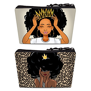 BDAWQUG 2 Pieces Makeup Bag Accessories Pouch Black Queen Afro Melanin Art Travel Toiletry Bag Reusable Cosmetic Organizer for Women Afro Gifts