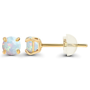 14K Yellow Gold Plated 925 Sterling Silver 3mm Round Created Opal October Birthstone Stud Earrings For Women