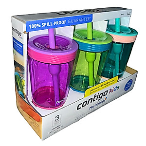 Contigo Spill-Proof Kids Tumbler, 3-Pack, Pink, Green, Aqua, Comes with Customized Bryant Supplies, LLC Pen,14 ounce