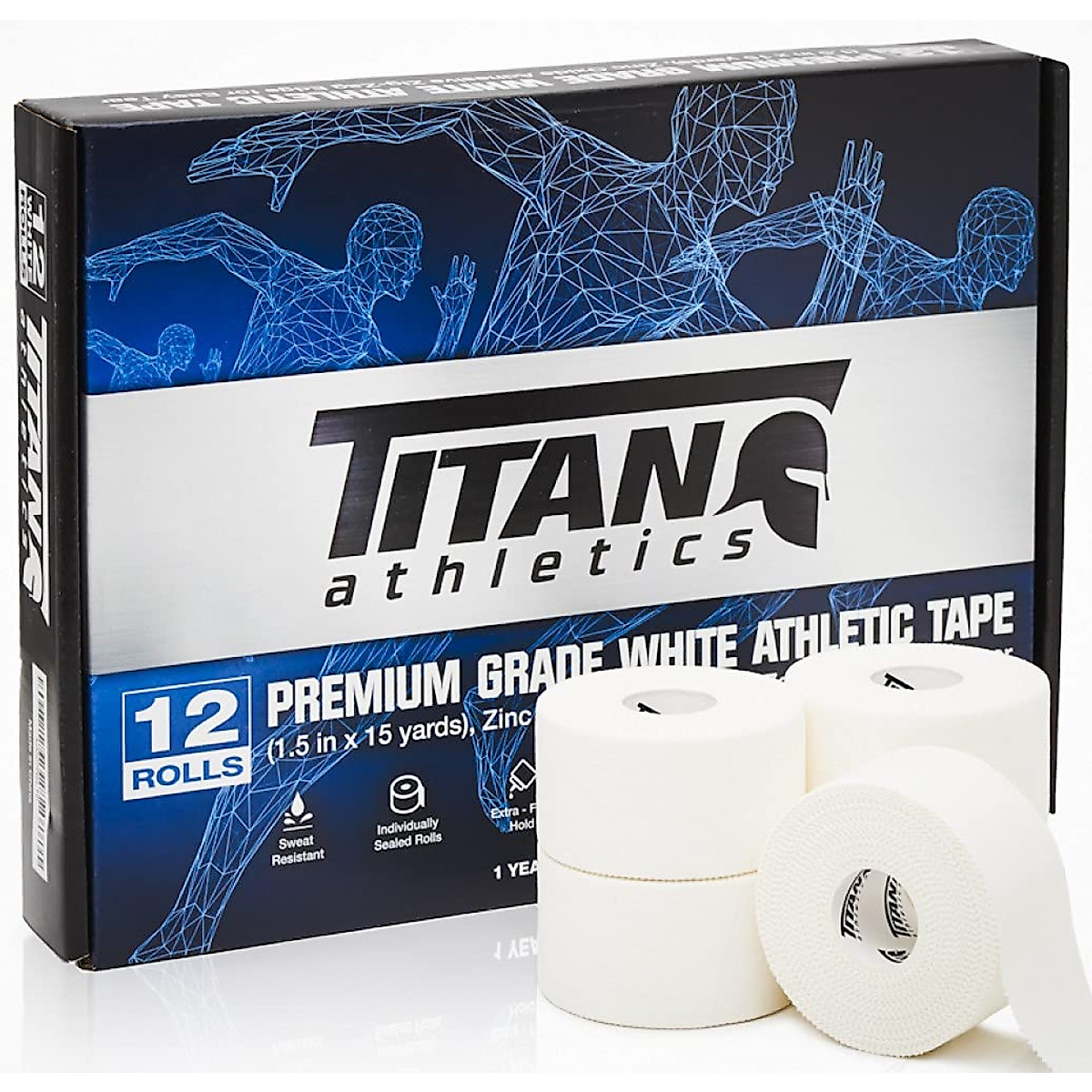 Titan Athletics - 12 Pack of Premium Quality White Athletic Tape/Sports Tape - 1.5 Inch x 45 Feet Per Roll - 100 Percent Cotton with Zinc Oxide - Easy Tear Zig Zag Design and No Sticky Residue