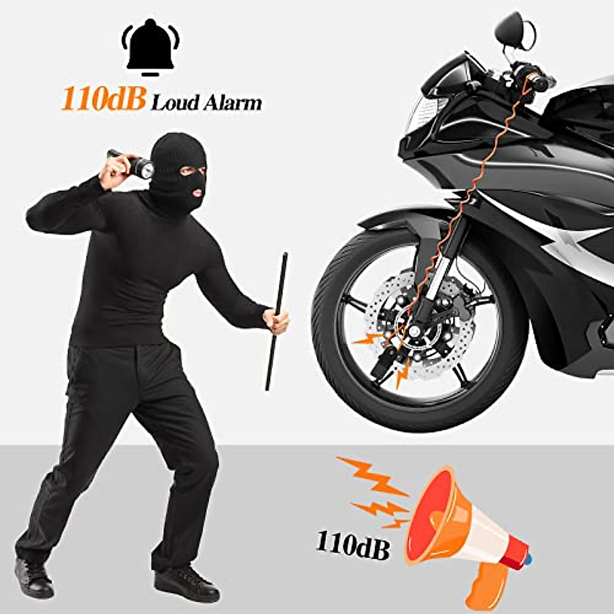 Linkax Motorcycle Alarm Disc Brake Lock, Accesorios para Motos, Motorcycle Locks Anti-Theft Security Wheel Lock 110dB 7mm Pin with Reminder Cable and Carry Pouch for Motorbike Dirt Bike Scooter