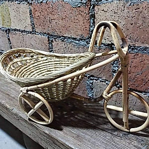 Creative Mini Tricycle Bamboo Basket Car, Rattan Trolley Hot Pot with Dish Basket Storage Basket Decoration Display Props