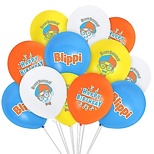 Treasures Gifted Officially Licensed Blippi Birthday Party Supplies - 12 Pack - Blippi Balloon Pack - Latex Blippi Balloons - 12 Inch Blippi Birthday Balloons Blue, Orange, Yellow & White