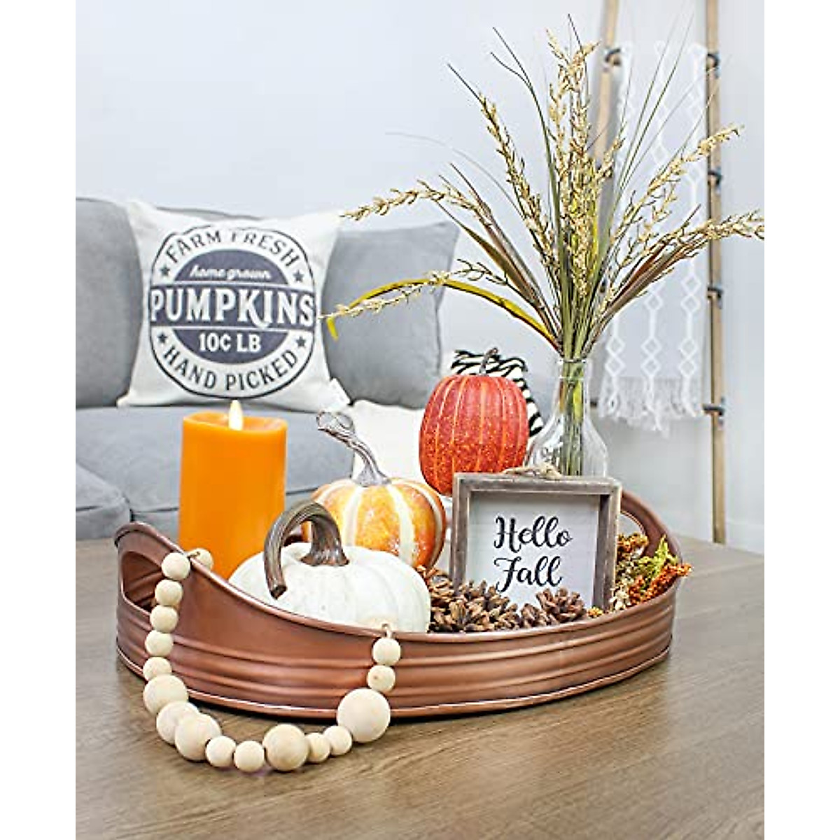 AuldHome Rustic Oval Copper Tray (16.5 x 12.5 Inches); Farmhouse Metal Decorative Serving Tray