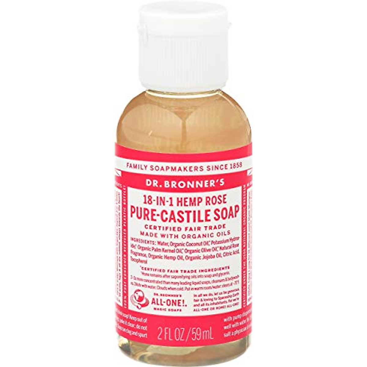 Dr. Bronner's - Pure-Castile Liquid Soap (Rose, 2 ounce) - Made with Organic Oils, 18-in-1 Uses: Face, Body, Hair, Laundry, Pets and Dishes, Concentrated, Vegan, Non-GMO